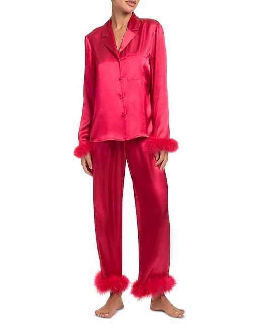 In Bloom Feather Trim Pajama Set in Red | Lyst