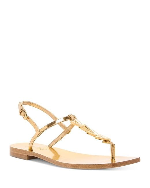 Versace Leather T Strap Sandals in Natural | Lyst
