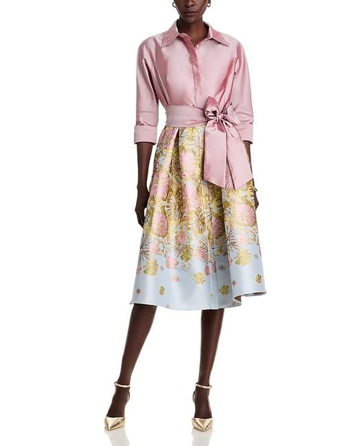 Teri Jon Mixed Media Floral Jacquard Shirt Dress in Pink | Lyst