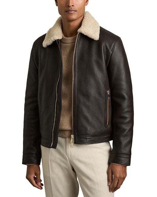 Reiss Shetland Shearling Collar Leather Jacket in Black for Men | Lyst