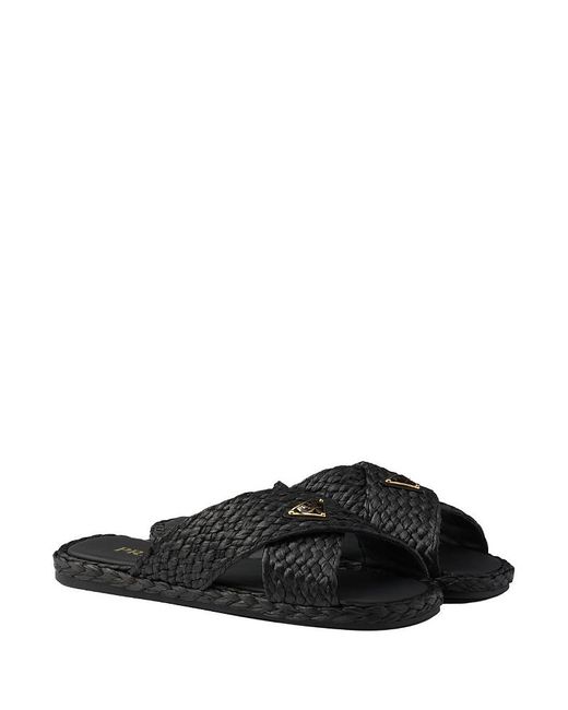 Prada Raffia Crisscross Slides in Black | Lyst