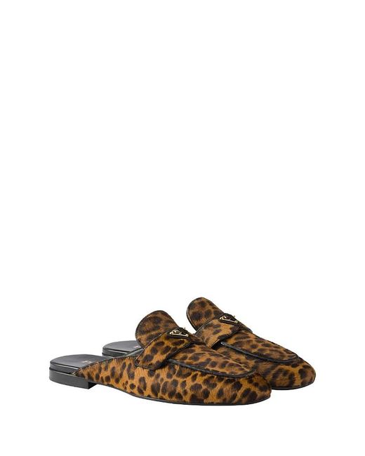 Prada Leopard-Print Leather Mules in Brown | Lyst