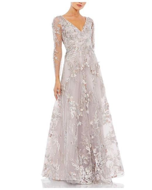 Mac Duggal Appliqued Illusion Long Sleeve A Line Gown | Lyst