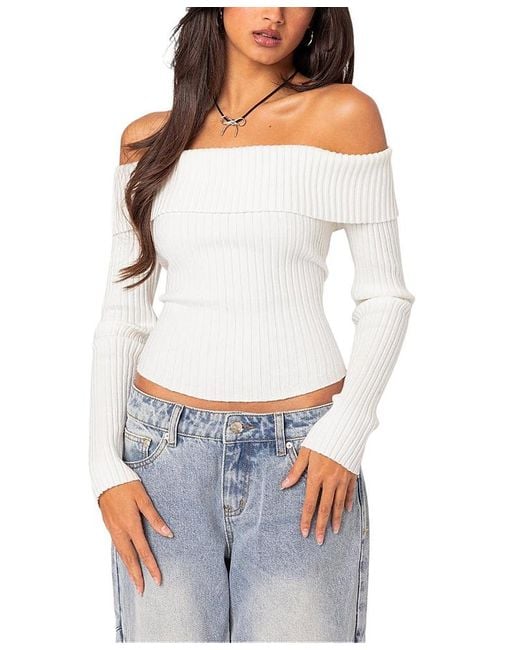 Edikted Lauren Knit Fold Over Top in White | Lyst