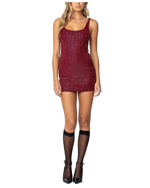 Edikted Rhinestone Mesh Mini Dress in Red | Lyst