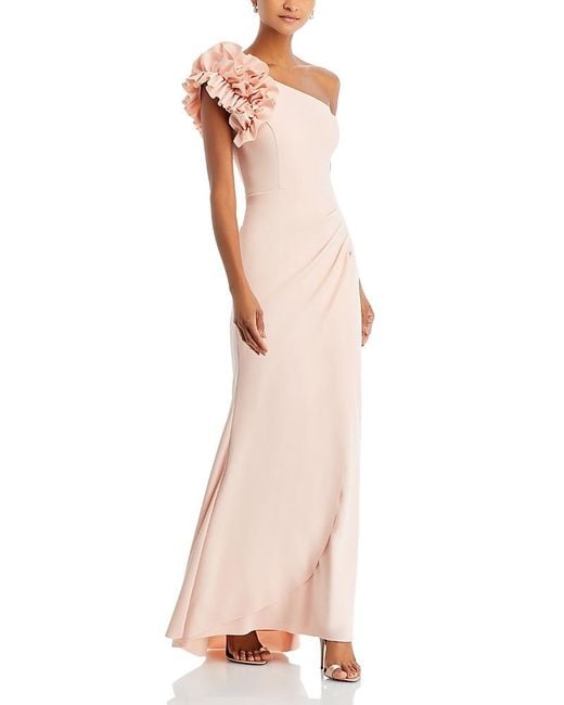 Aqua One Shoulder Ruffle Crepe Gown in Pink | Lyst