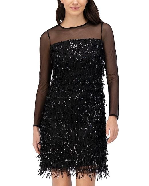 Eliza J Illusion Sequin Fringe Shift Dress in Black | Lyst
