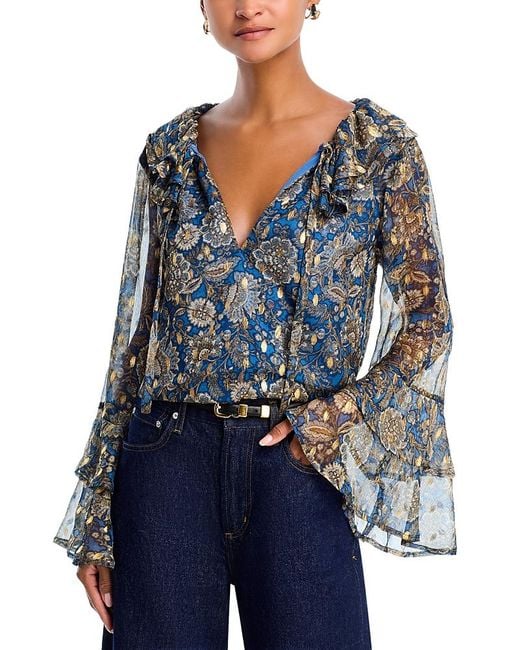 Aqua Block Floral Metallic Dot Ruffle Tie Front Blouse in Blue | Lyst