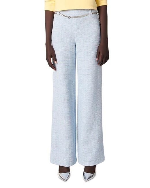Maje Belted Tweed Pants in Blue | Lyst