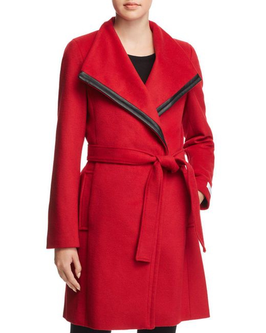Lyst Calvin Klein Belted Asymmetric Front Coat In Red