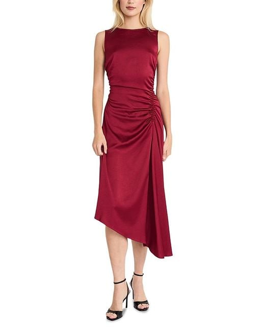 Luxely Boat Neck Asymmetric Midi Dress in Red | Lyst