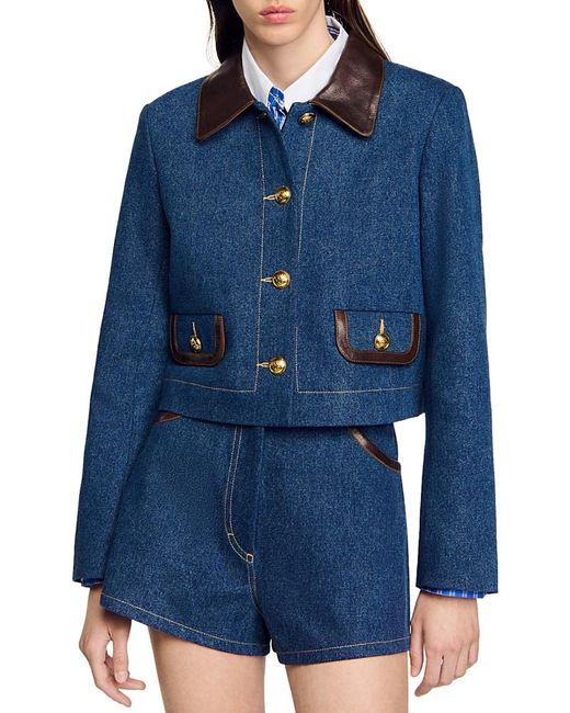 Sandro Sierra Denim Leather Trim Jacket in Blue | Lyst