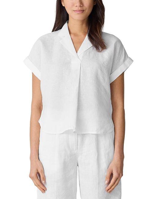 Eileen Fisher Linen Notch Collar Top in White | Lyst UK