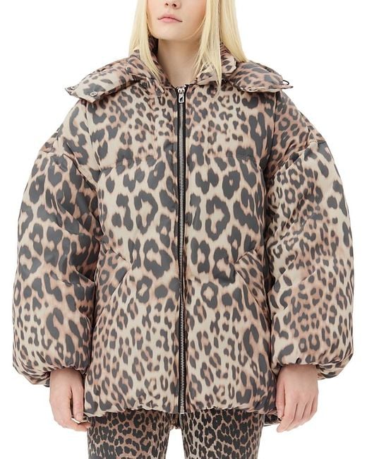 Ganni Leopard Puffer Down Jacket in Brown | Lyst