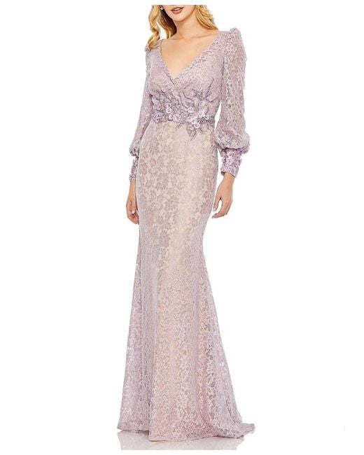 Mac Duggal Lace Long Sleeve V Neck Embellished Gown in Pink | Lyst