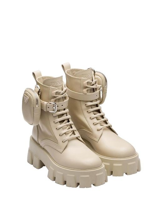 Prada Monolith Leather And Re-Nylon Boots With Pouch in Natural | Lyst