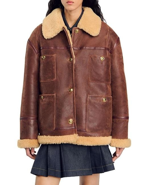 Sandro Chicago Leather And Shearling Jacket in Red | Lyst