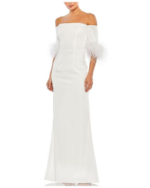 Mac Duggal Feather Trim Off The Shoulder Column Gown in White | Lyst