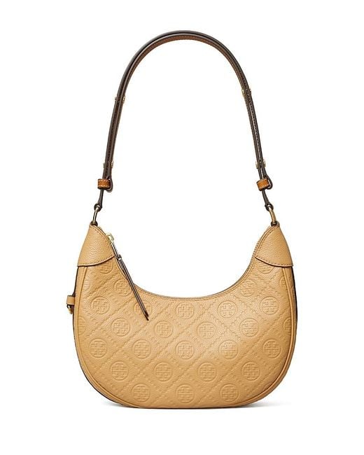 Tory Burch T Monogram Pebble Leather Crescent Shoulder Bag in Natural | Lyst
