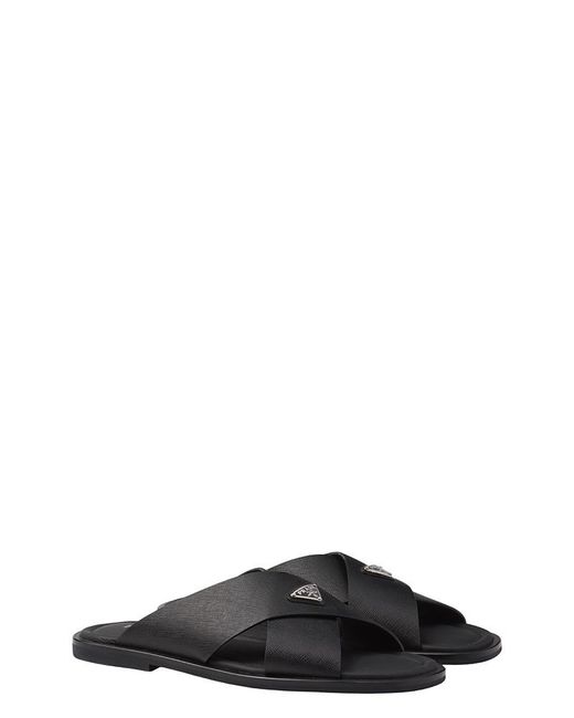 Prada Saffiano Leather Crisscross Slides in Black for Men | Lyst