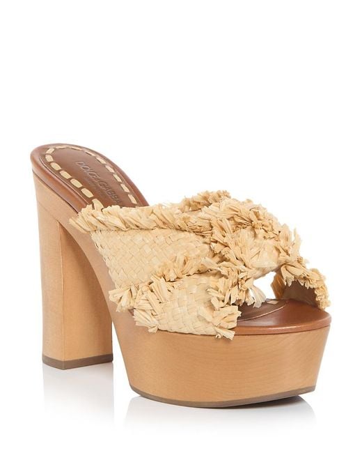 Dolce & Gabbana Frayed Raffia Platform Wedge Sandals in Natural | Lyst