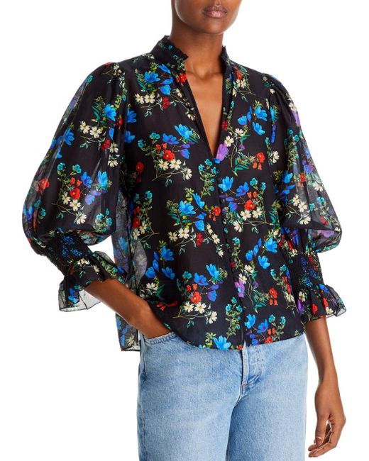 Alice Olivia Cotton Ilan Floral Smocked Sleeve Top In Blue Lyst Canada