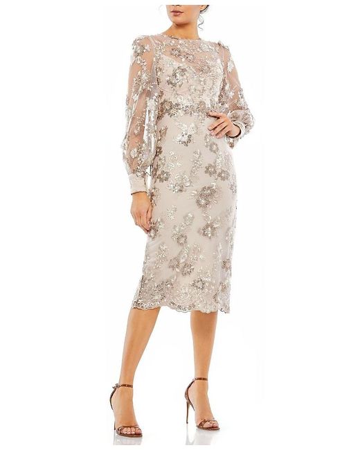 Mac Duggal Embellished High Neck Illusion Long Sleeve Midi Dress in Natural | Lyst