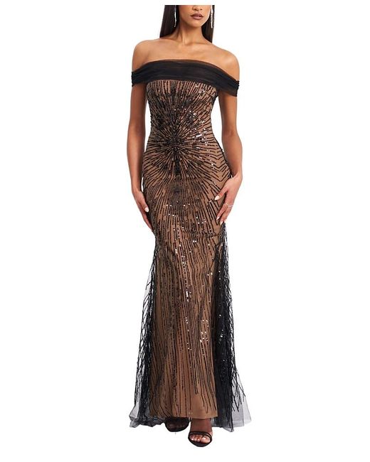 Miss Circle Qeturah Embroidered Sequin Off Shoulder Mesh Gown in Brown ...
