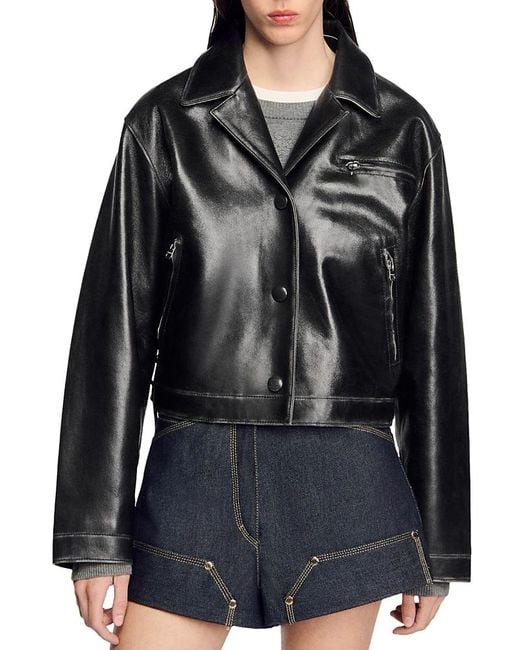 Sandro Jude Leather Jacket in Black | Lyst
