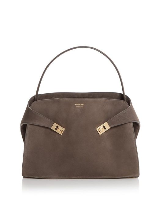 Ferragamo Hug Suede Top Handle Bag in Brown | Lyst