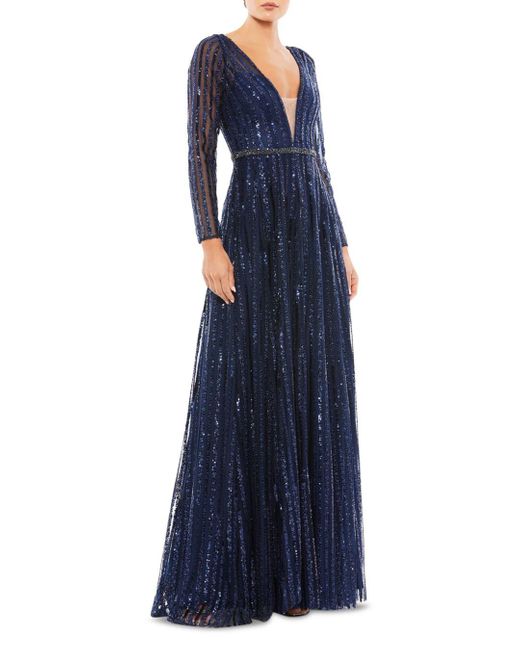 Mac Duggal Synthetic Plunge Neck Sequin Gown In Midnight Blue Lyst