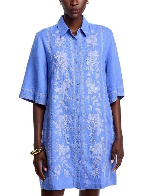 Johnny Was Kimono Sleeve Linen Shirt Dress in Blue | Lyst