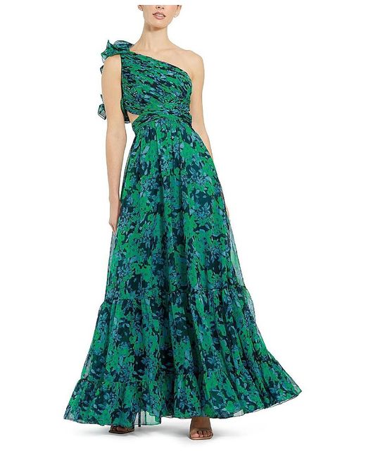 Mac Duggal One Shoulder Ruffle Tiered Cut-Out Chiffon Gown in Green | Lyst