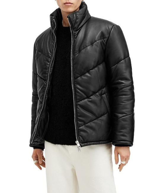 AllSaints Raya Leather Quilted Full Zip Puffer Jacket in Black for Men | Lyst