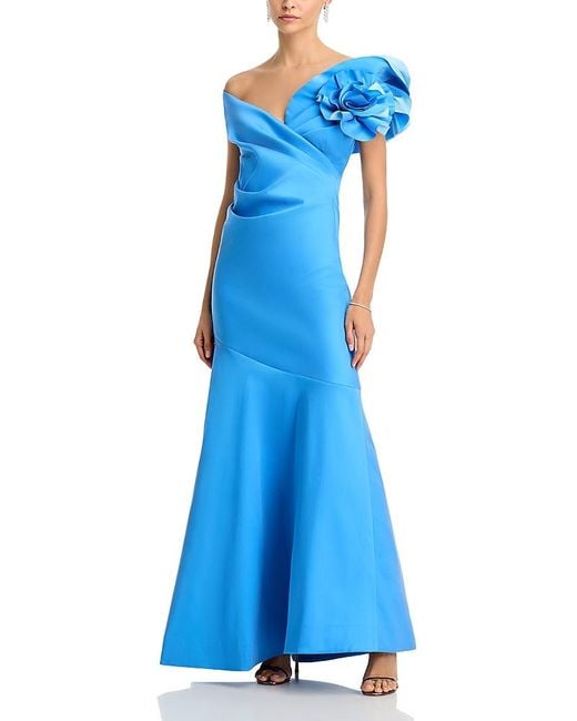 Teri Jon Stretch Gazar Side Drape Gown in Blue | Lyst