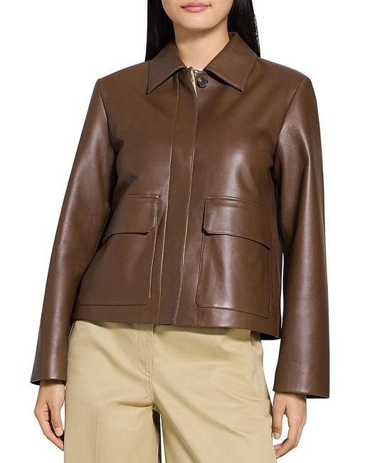 Theory Leather Boxy Jacket in Brown | Lyst