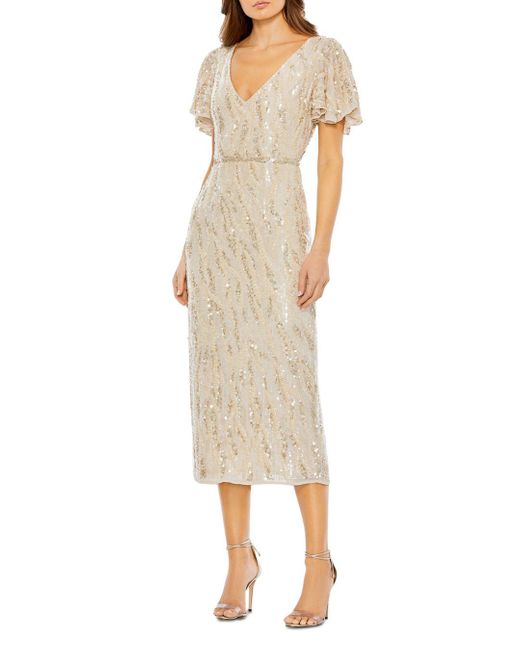 Mac Duggal Synthetic Embellished Flutter Sleeve Midi Dress Lyst Canada