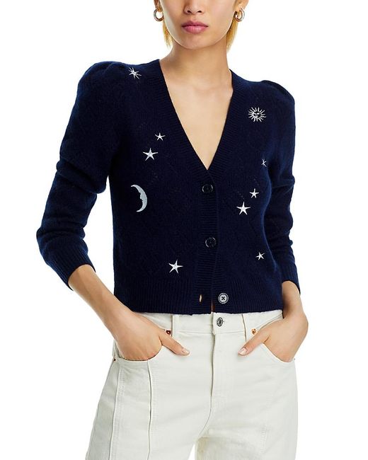 Aqua Cashmere Celestial Embroidered Pointelle Cashmere Cardigan in Blue ...