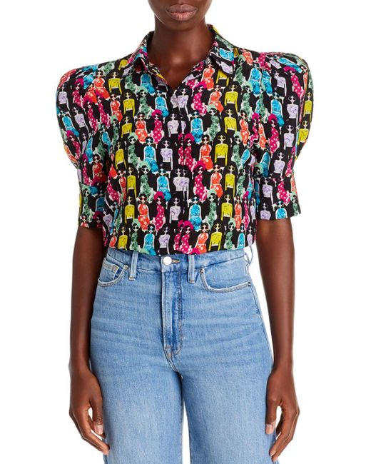 Alice Olivia Synthetic Willa Scrunched Puff Sleeve Top In Blue Lyst