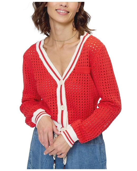 Central Park West Junie Varsity Mesh Stitch Cardigan in Red | Lyst