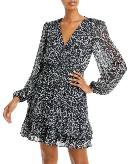 Aqua Synthetic Floral Print Ruffled Mini Dress In Black White Black