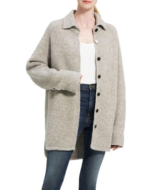 Theory Wool Boucle Cardigan In Light Heather Grey Natural Lyst