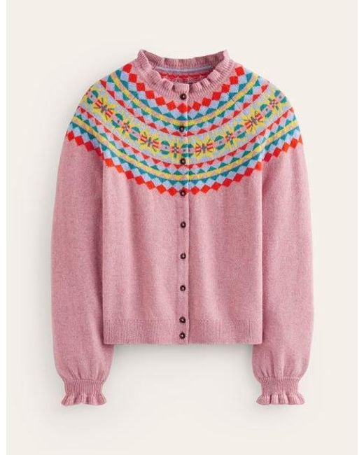 Boden Fae Fair Isle Frilled Cardigan in Pink | Lyst