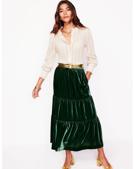 Boden Viv Velvet Tiered Maxi Skirt in Green | Lyst UK