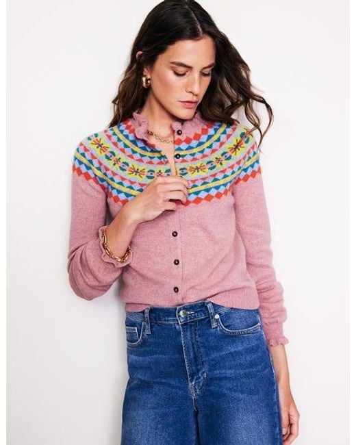 Boden Fae Fair Isle Frilled Cardigan in Pink | Lyst