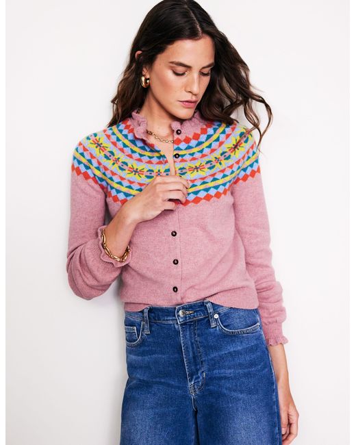 Boden Fae Fair Isle Frilled Cardigan in Pink | Lyst