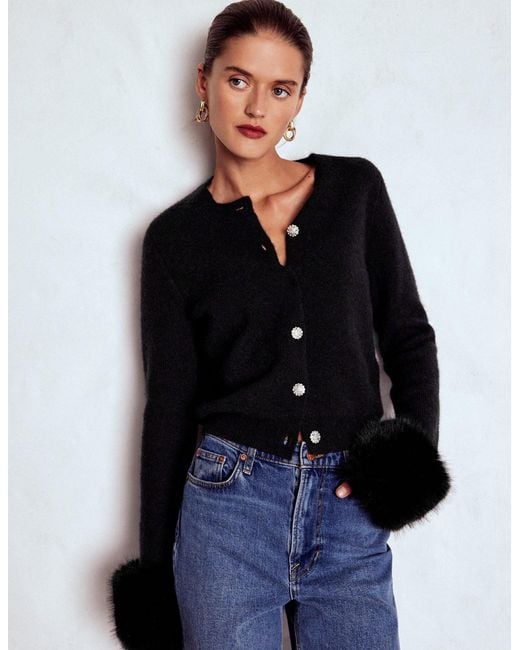 Boden Fur Trim Cardigan in Blue | Lyst UK