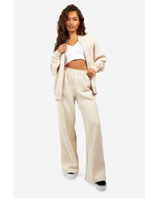 Boohoo Zip Through Bomber Straight Leg Tracksuit in Natural | Lyst