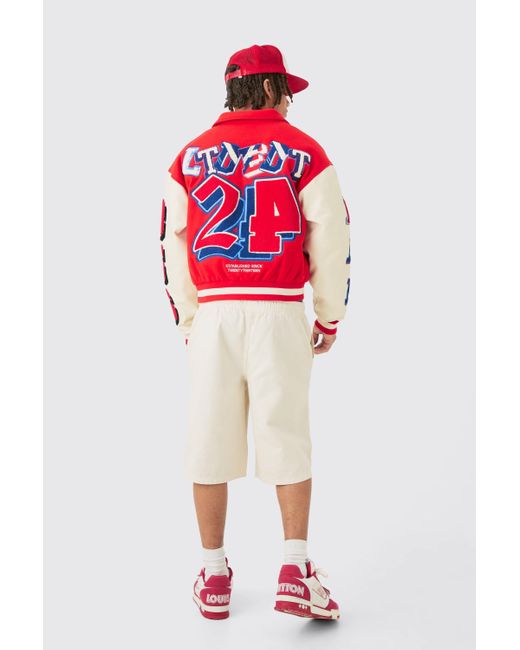 BoohooMAN Boxy Bm Badge Collared Varsity Jacket In Red for Men | Lyst