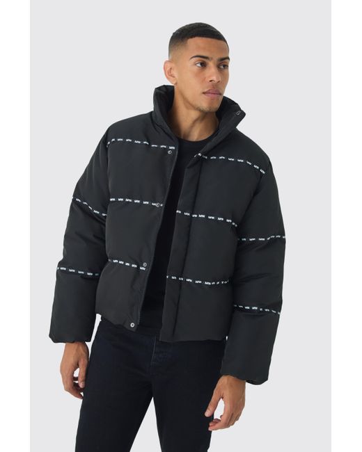 BoohooMAN Man Tape Funnel Neck Puffer Coat In Black for Men | Lyst